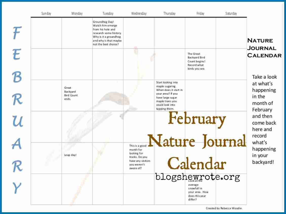 February Nature Journal Calendar - Blog, She Wrote