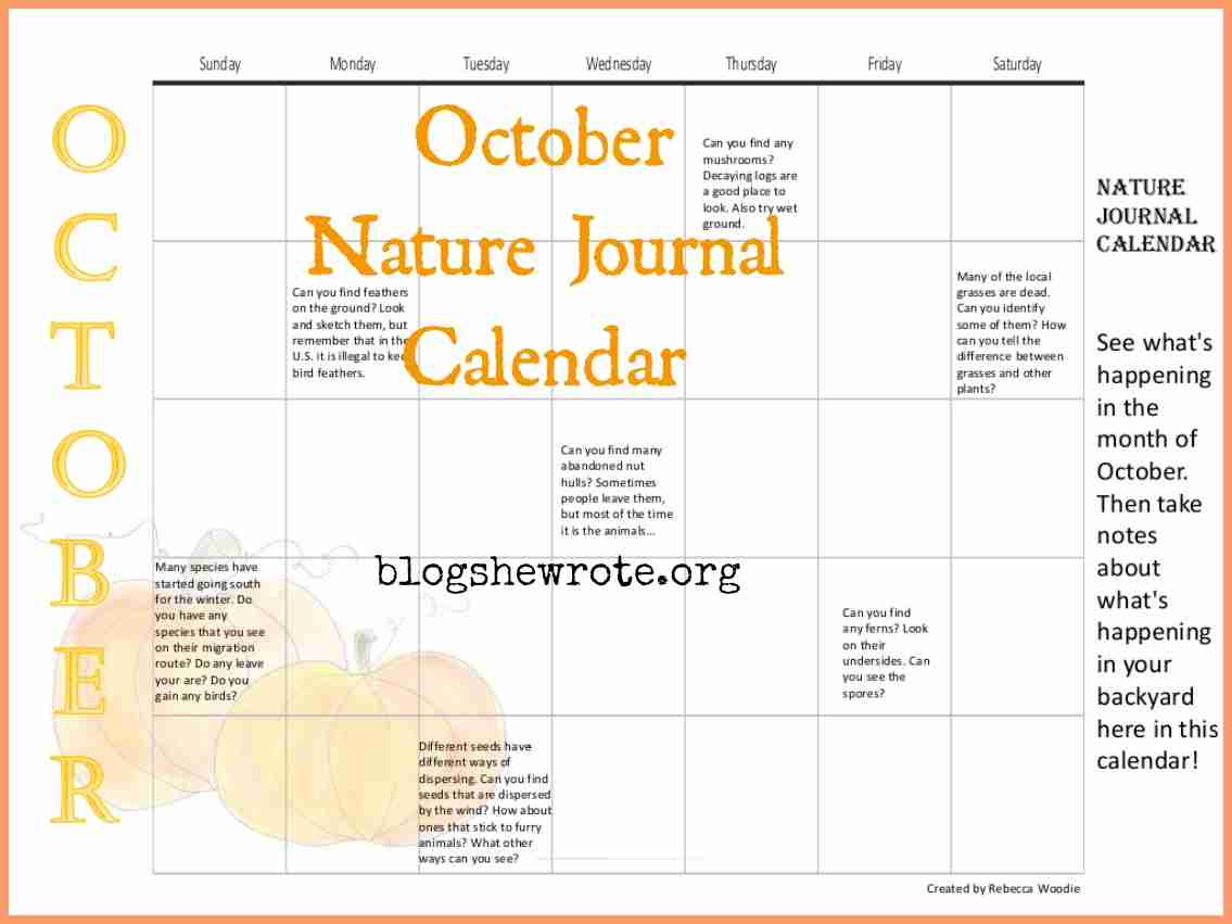 October Nature Journal Calendar - Blog, She Wrote